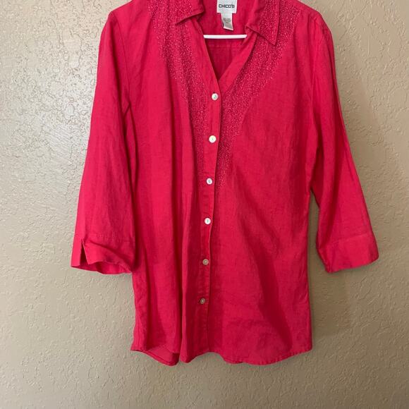 Chico's | Tops | Chicos Linen Button Up Medium Hot Pink Beading | Poshmark